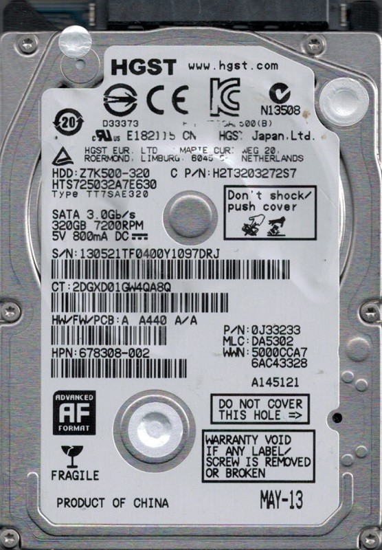 HTS725032A7E630 P/N: 0J33233 MLC: DA5302 China HGST 320GB | eBay
