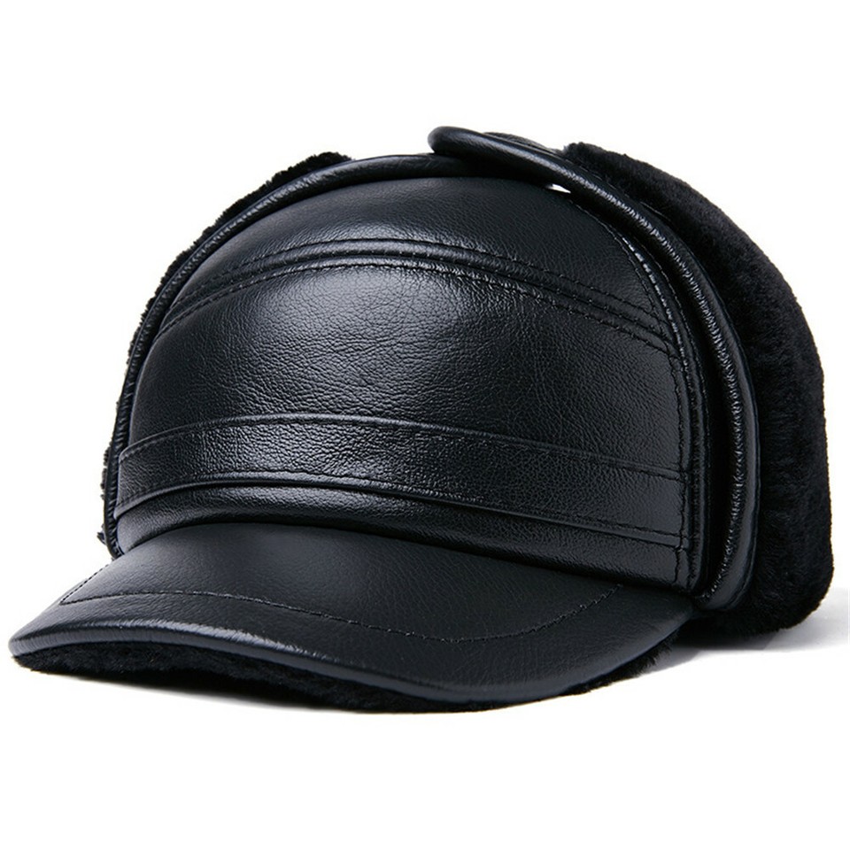 Men's Genuine Leather Winter Warm Trapper Warm Hat Baseball Cap Outdoor ...