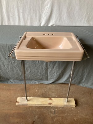 Vtg Mid Century Tan Beige Console Sink Chrome legs Towel Bars Standard ...