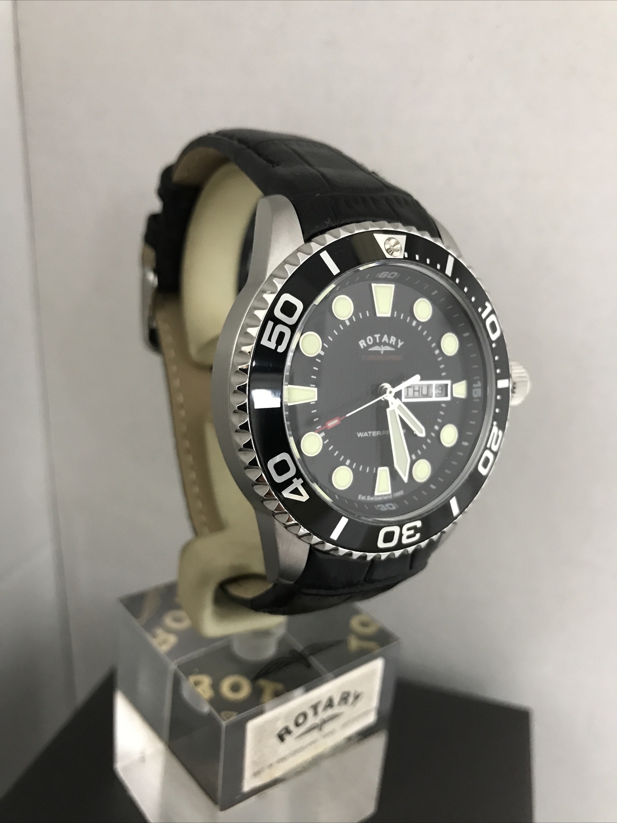 Rotary Mens Chronospeed Military Style Diver Black Leather Strap ...