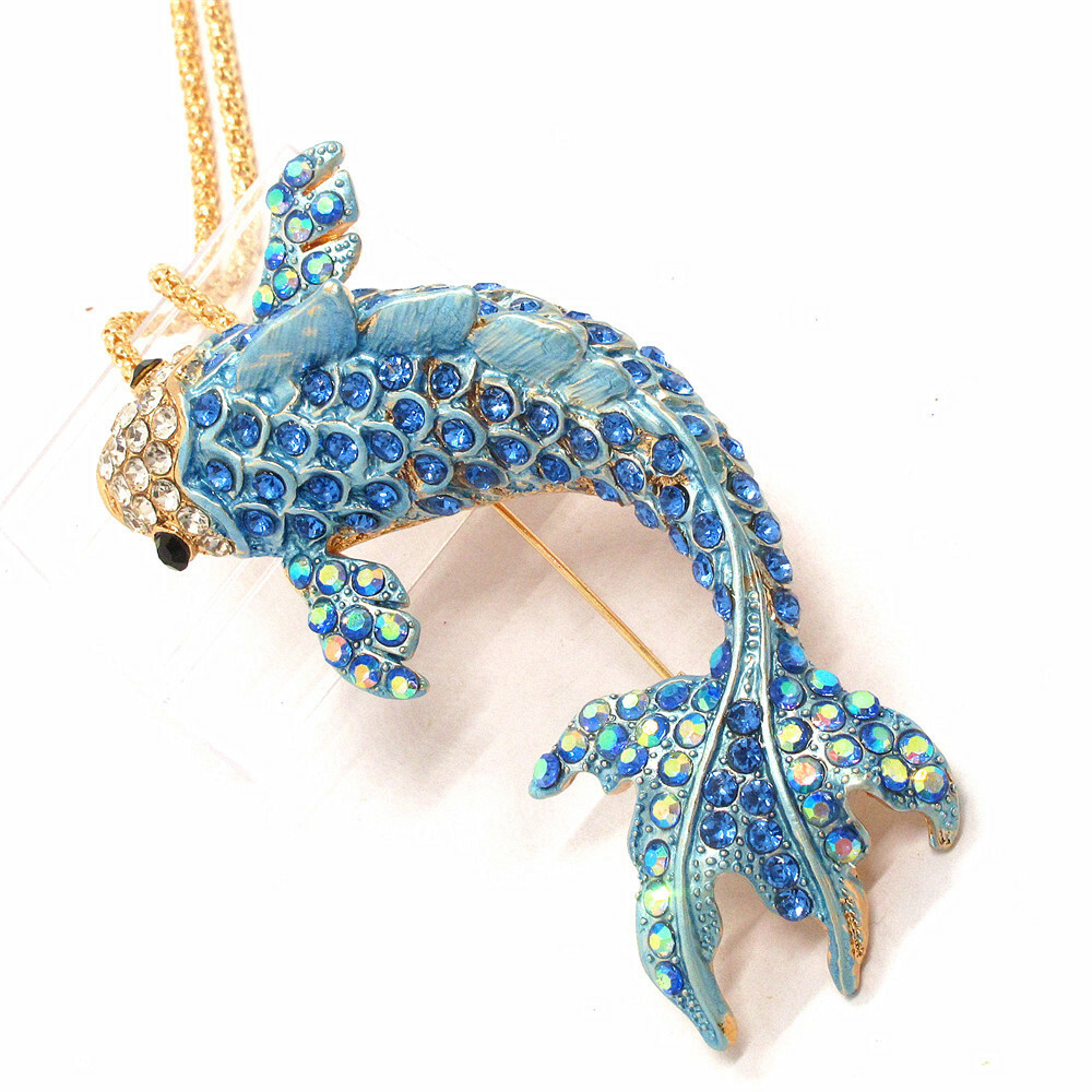 New Fashion Women Bling Cute Blue Goldfish Fish Crystal Sweater Chain ...