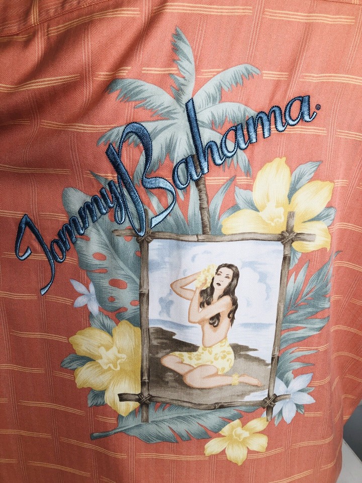 TOMMY BAHAMA Hula / PIN UP GIRL Embroidered 100% SILK Copyright Lg ...