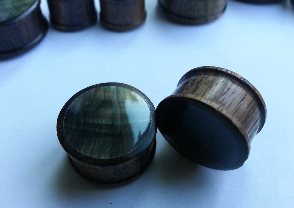 One Pair Handmade Black Shell Inlay Sono Wood Double Flared Ear Plugs ...