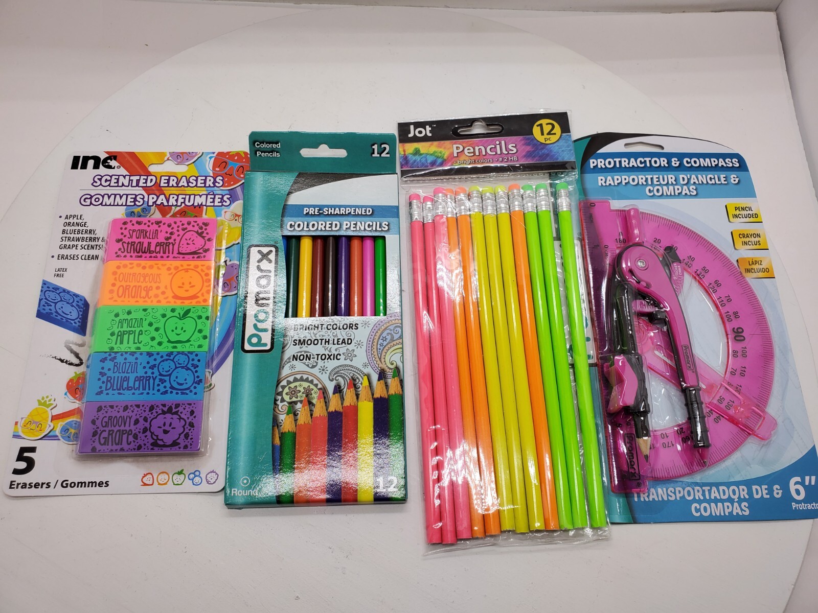 Jot Neon 12 Pencils 5 Sented Erasers 12 Colored Pencils Pink Protractor ...