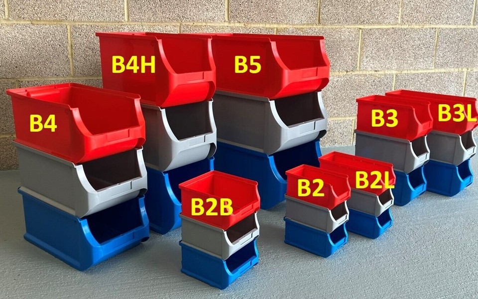 Hanging stacking plastic parts storage lin bins boxes garage workshop ...