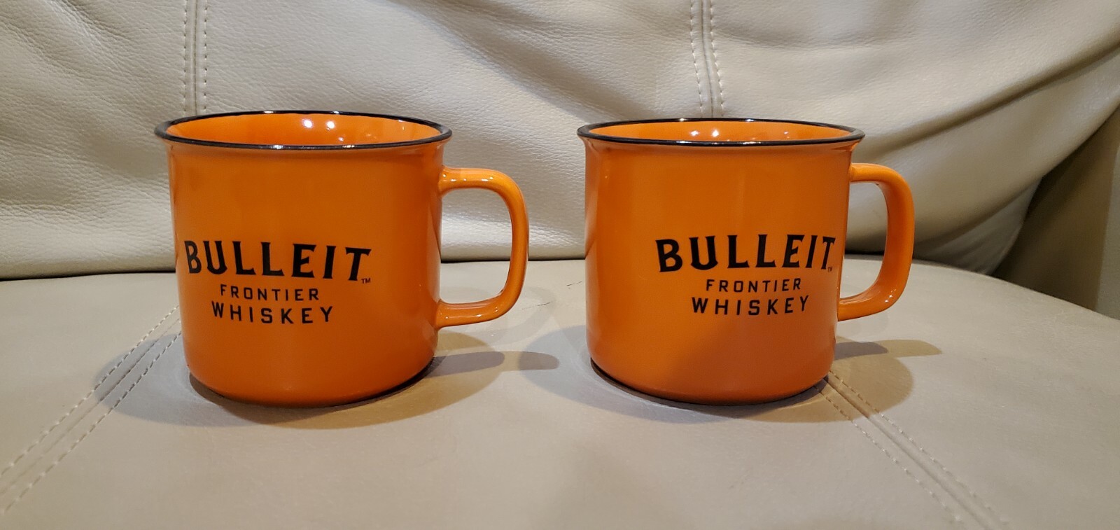 2X - Bulleit Frontier Bourbon Whiskey Orange w/ Black Rim Ceramic Cups ...