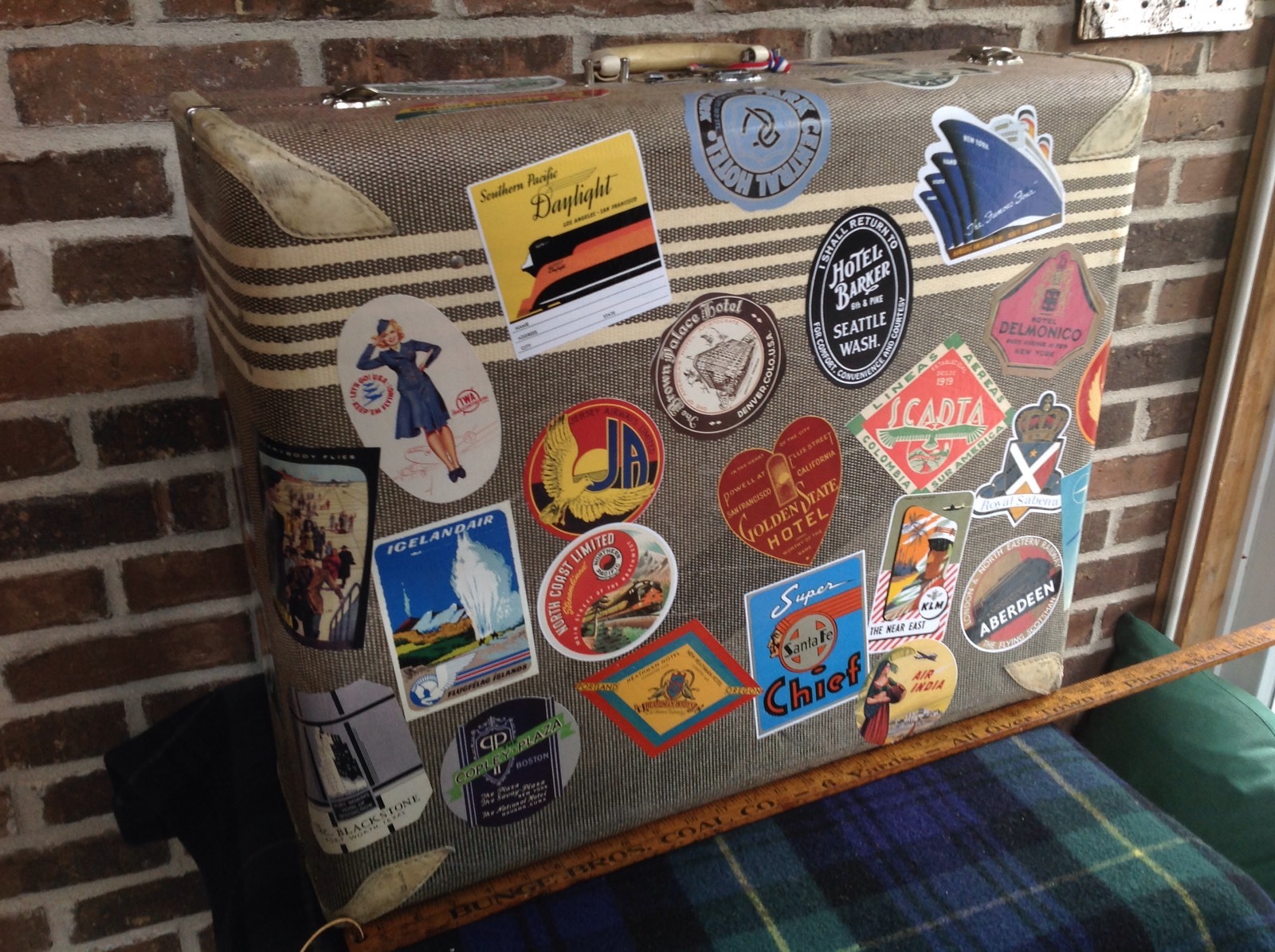 VINTAGE 1950's LEATHER & TWEED FIBRE CLASSIC CAR RACK TRUNK SUITCASE ...