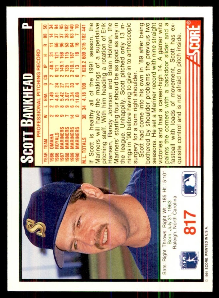 1991 Score Scott Bankhead Seattle Mariners #817 | eBay