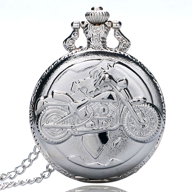 Silver Pocket Watch Motorcycles Design Quartz Watch with Necklace Women ...