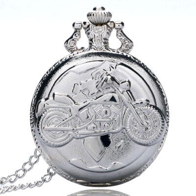 Silver Pocket Watch Motorcycles Design Quartz Watch with Necklace Women ...