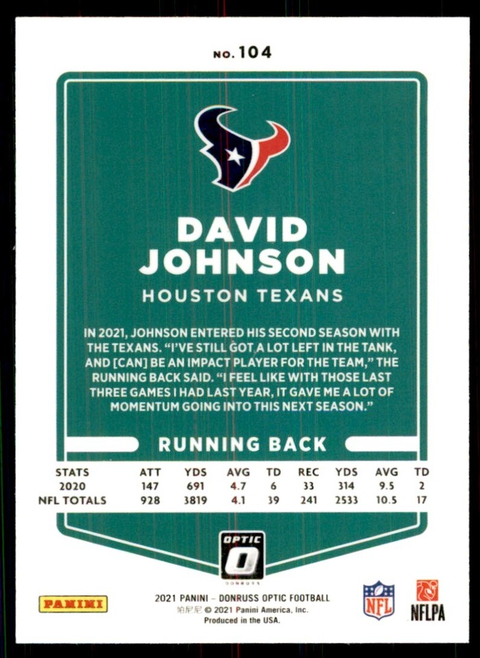 2021 Donruss Optic David Johnson Football Cards #104 | eBay