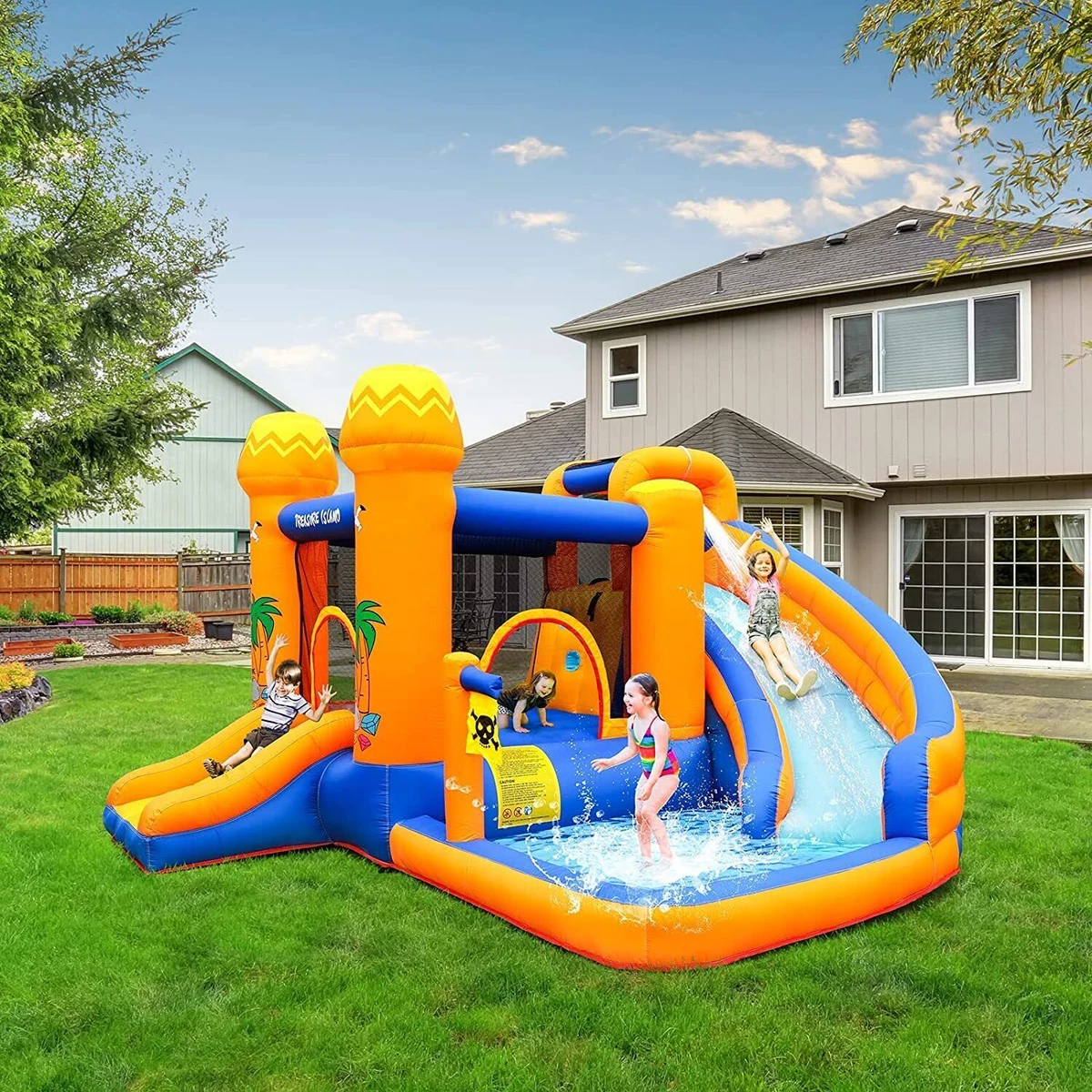 Kids On Inflatable Water Slide
