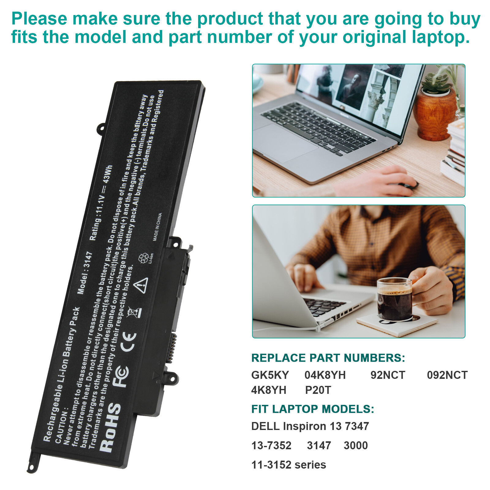 92NCT Battery For Dell Inspiron 13 7347 7348 7352 7353 7359 4K8YH P20T ...