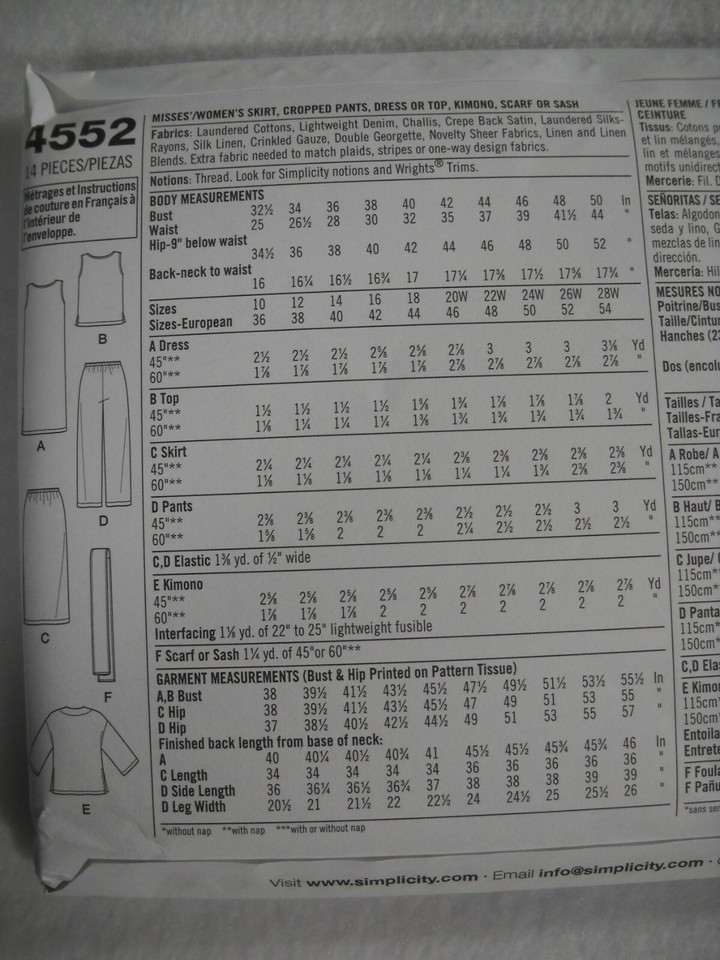 Dress Pants Kimono Skirt Top Sash size 20w-28w Simplicity 4552 Sewing ...