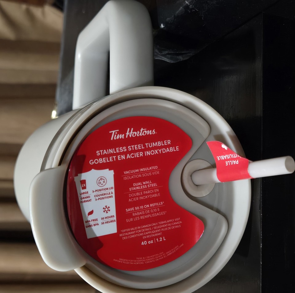 Tim Hortons Stainless Steel 40oz Beige Cold Beverages Travel Mug 2024 ...