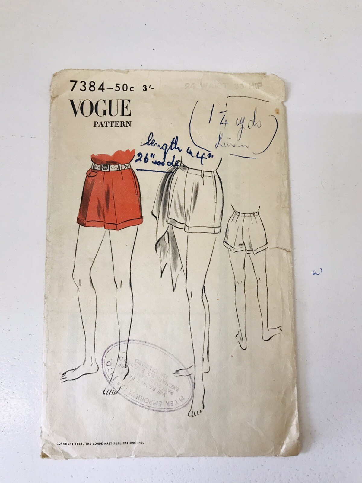 Original Vintage 50s Sewing Pattern Shorts Ladies 1951 Vogue Rockabilly ...