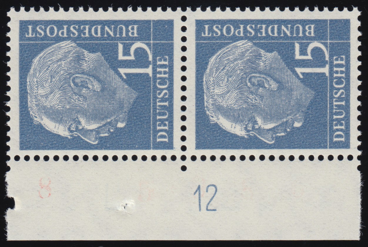 184y Lumogen DZ Heuss 15 Pf. Randpaar mit Druckerzeichen DZ 12 ...