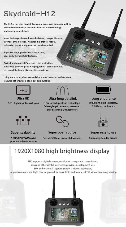 Skydroid H12 2.4GHz 12CH Digital Video Transmission Transmitter R12 ...