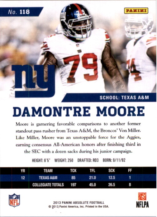 2013 Absolute Spectrum Silver Giants Football Card #118 Damontre Moore ...