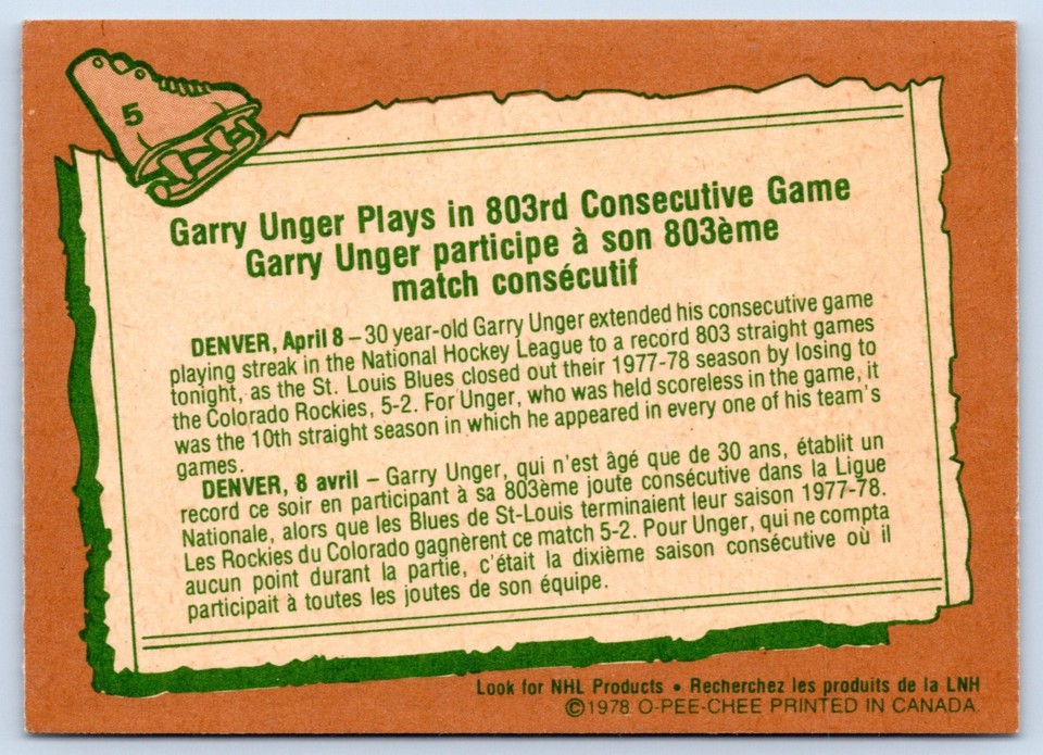 GARRY UNGER / HIGHLIGHTS 1978-79 O-PEE-CHEE 78-79 #5 EXMINT+ 98765 | eBay