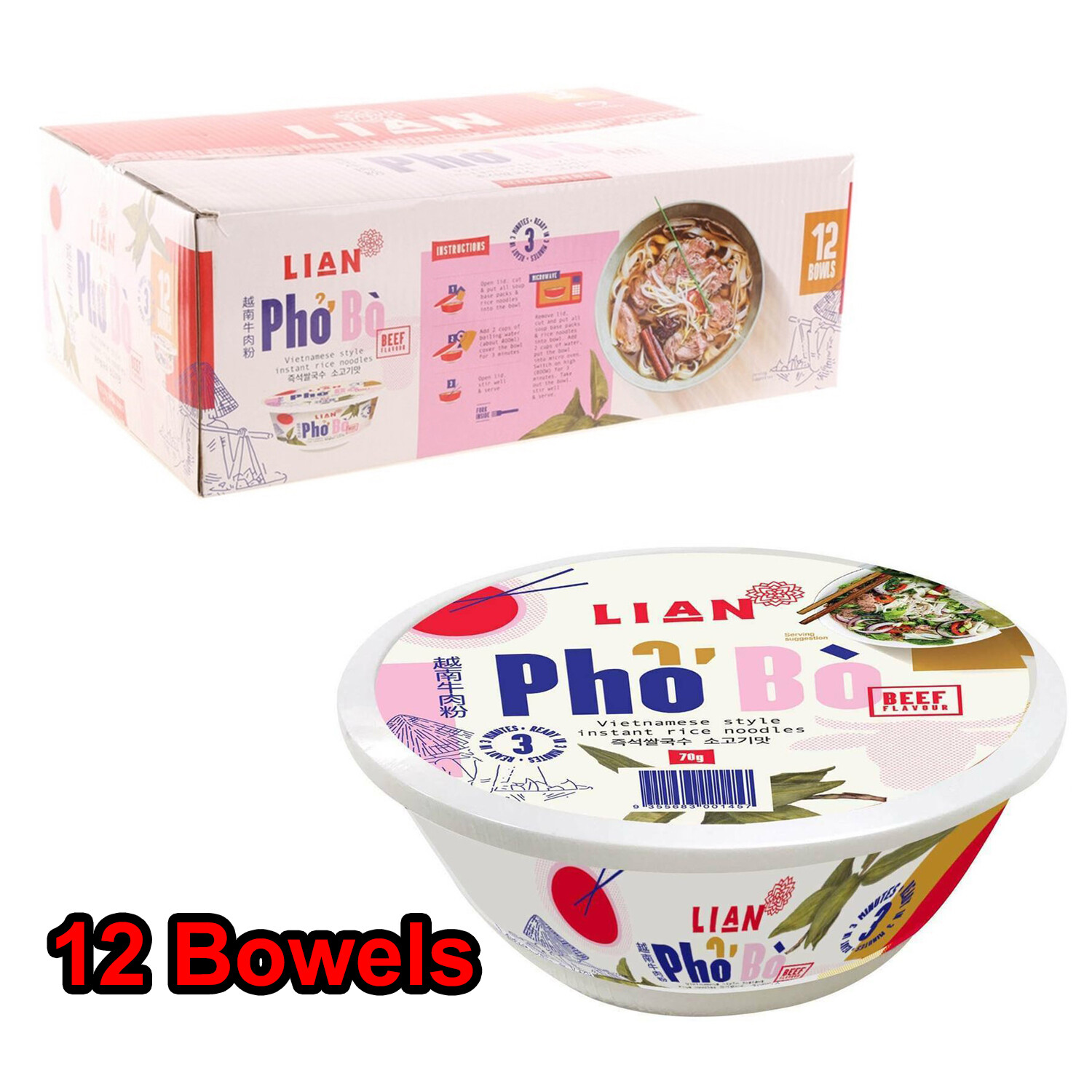 12 70g Bowls Lian Pho Bo Beef Flavour Vietnamese Style Instant Rice ...