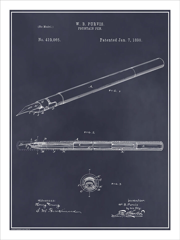 1890 W. B. Purvis Fountain Pen Patent Print Art Drawing Poster | eBay