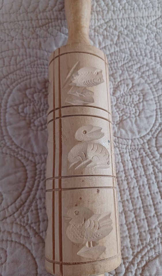 VTG WOODEN COOKIE ROLLING PIN SPRINGERLE PRIMITIVE CARVED WOOD DESIGNS ...