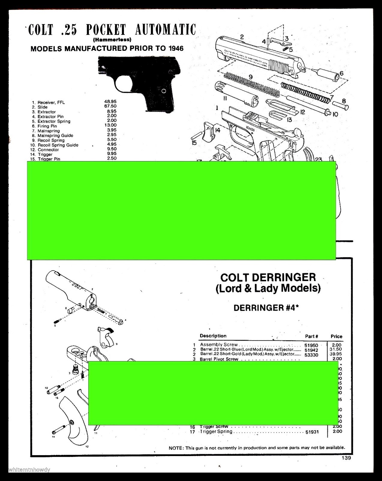 1989 COLT .25 Pocket Pistol,Derringer Lord/Lady Exploded Schematic ...