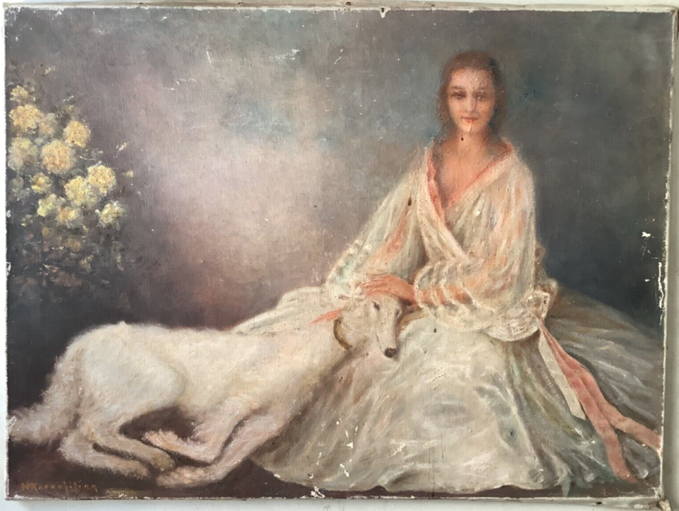 Rare Impressionism PORTRAIT YOUNG LADY with BORZOI DOG Original Oil on ...