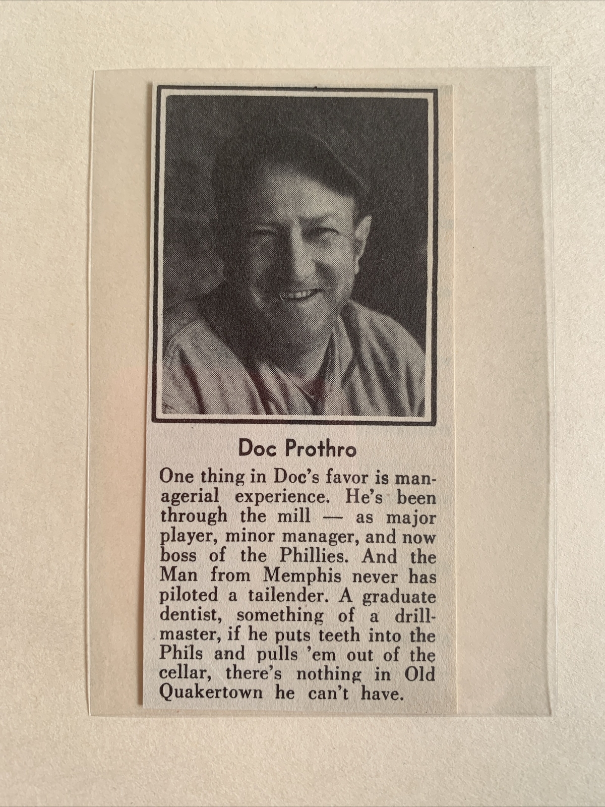 Doc Prothro Philadelphia Phillies 1939 Baseball WW MLB Panel | eBay