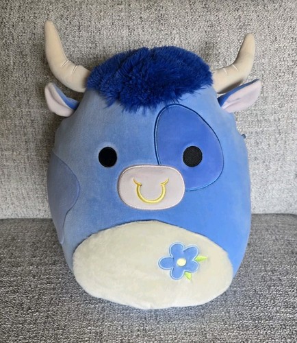 Squishmallows Bermayeh Blue Spotted Bull Cow W/ Fuzzy Belly + Flower 12 ...