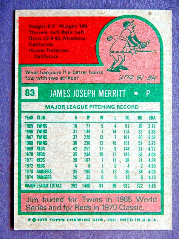 Jim Merritt #83 Topps 1975 Baseball Card (Texas Rangers) *VG | eBay