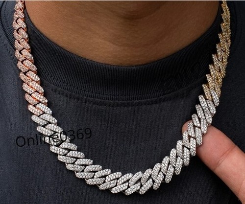 Men's Genuine Moissanite 12mm x 20" Tri Colored Cuban Necklace Silver ...