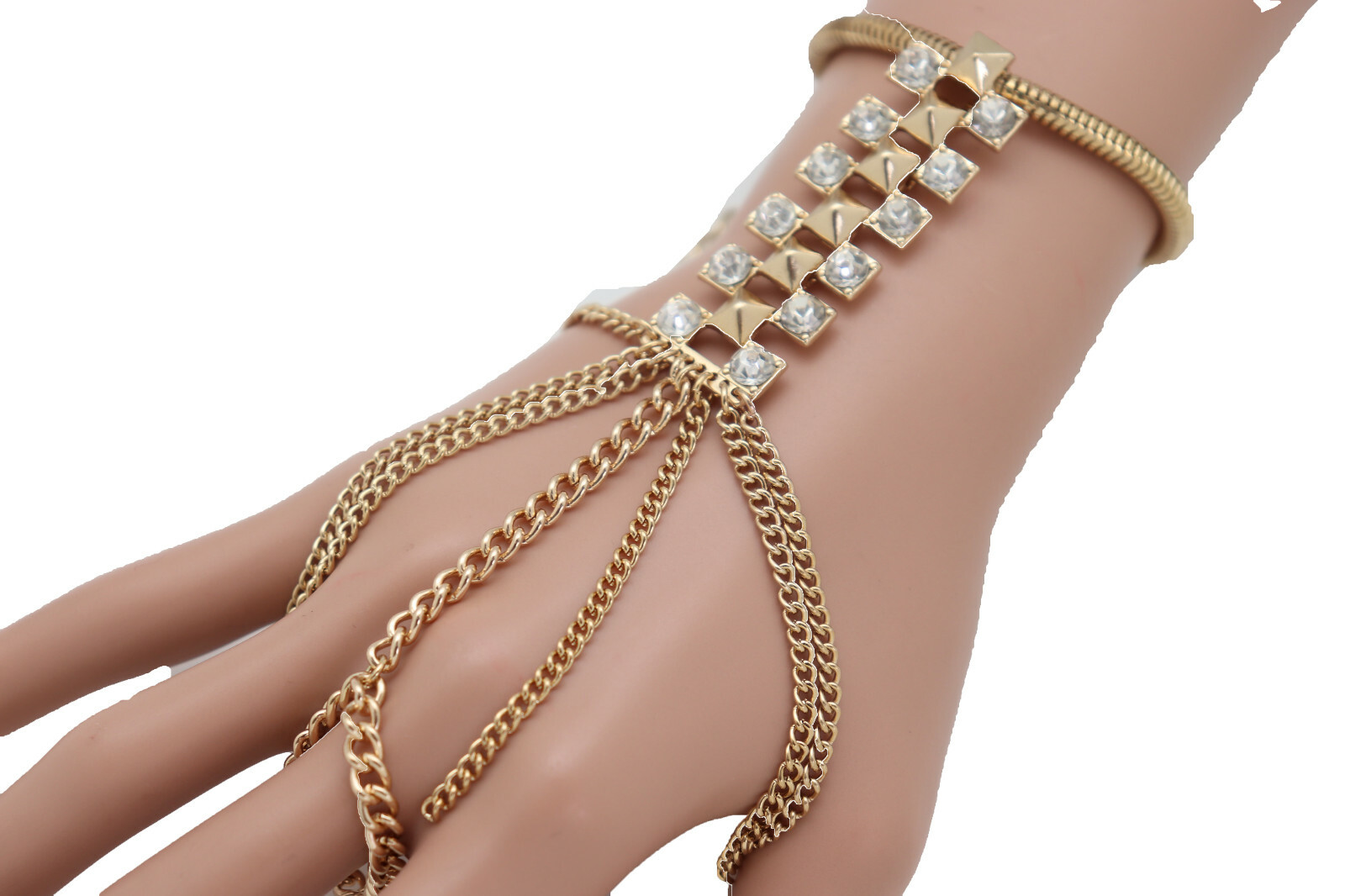Hot Women Gold Metal Hand Chain Wrist Bracelet Connected Ring Long ...