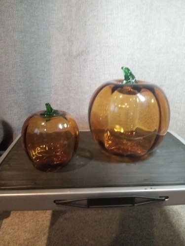 Blenko Hand Blown Glass Pumpkin Optic Amber with Green Stem 6 inches ...