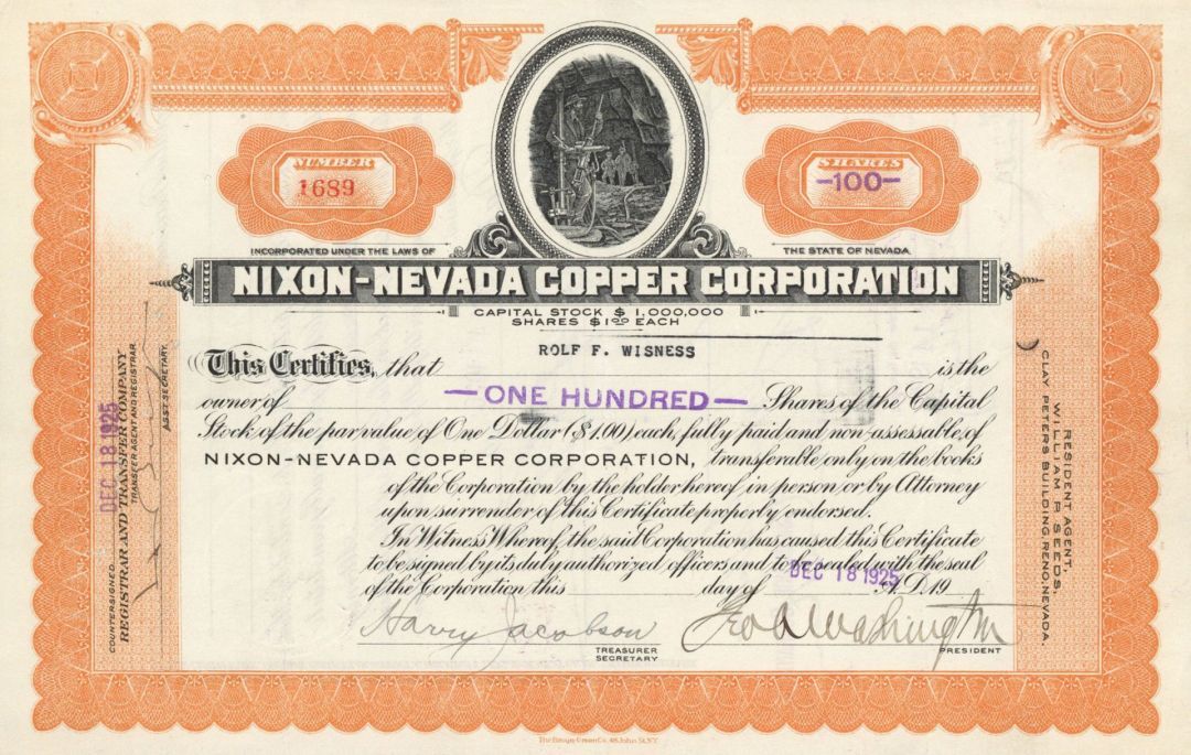 Nixon-Nevada Copper Corp. - 1925-1926 dated Mining Stock Certificate ...