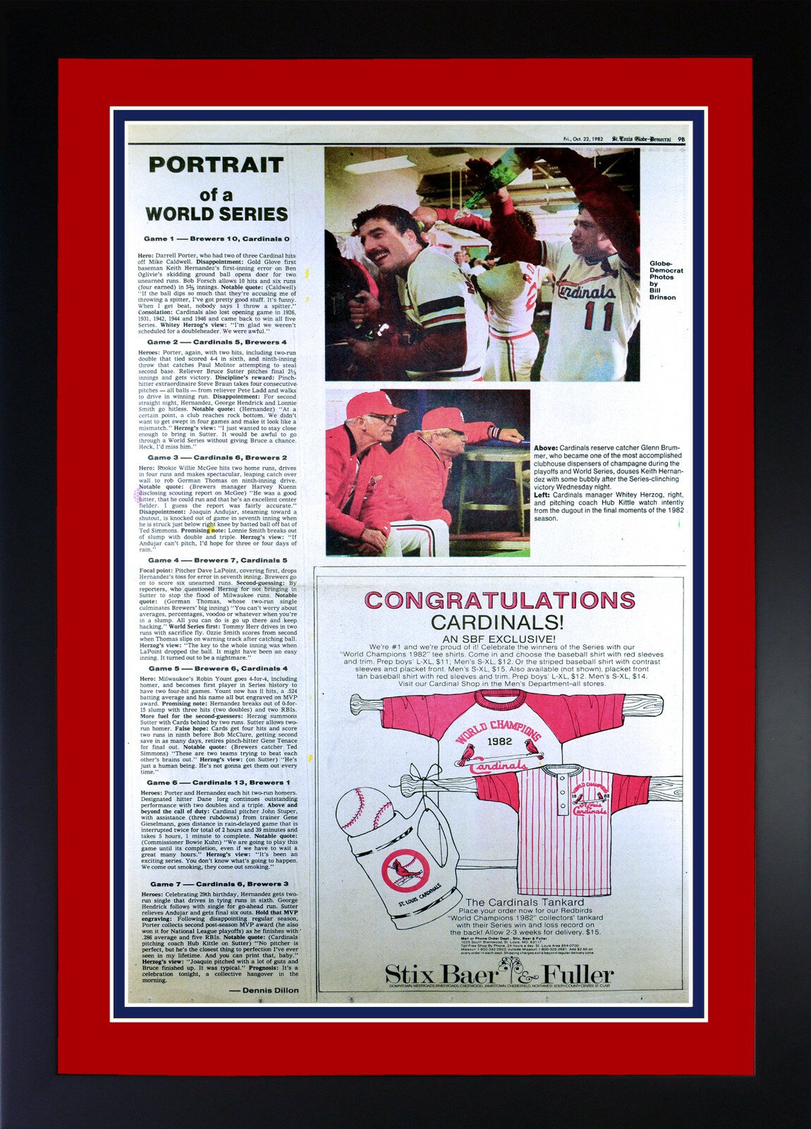 St Louis Cardinals 1982 World Series Review Original Newspaper Framed ...