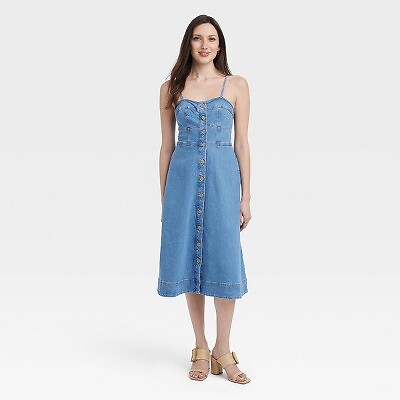 Women's Denim Corset Midi A-Line Dress - Universal Thread Indigo XL