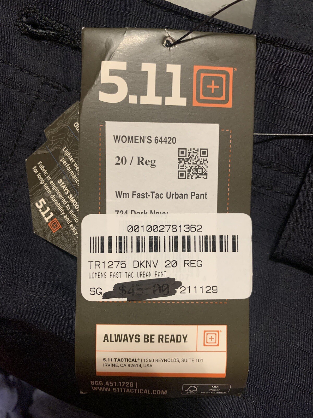 NWT 5.11 Tactical Women’s 20R Black Fast-tac Urban Pants Ripstop ...