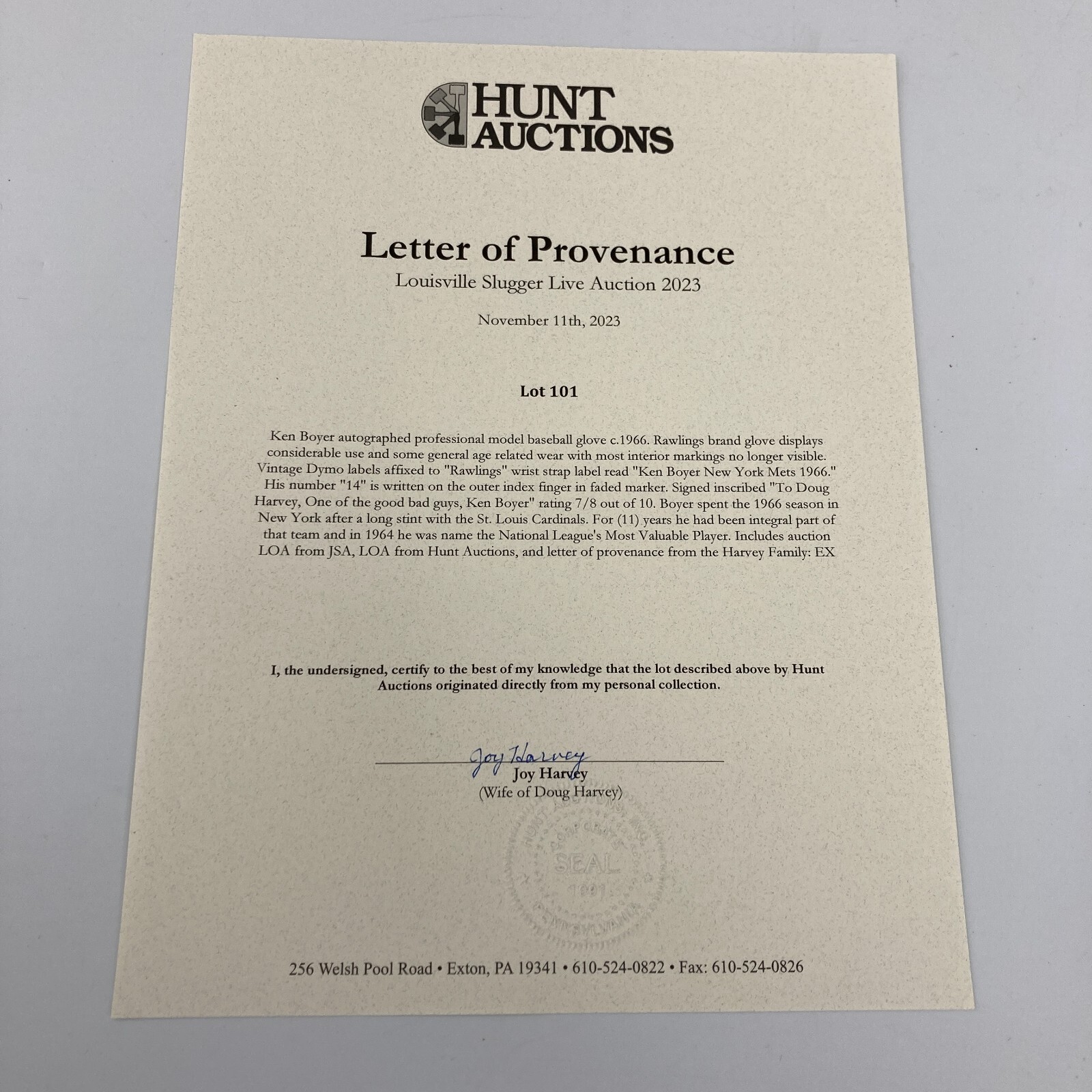 Ken Boyer 1964 MVP Season Signed Game Used Baseball Glove Cardinals PSA ...