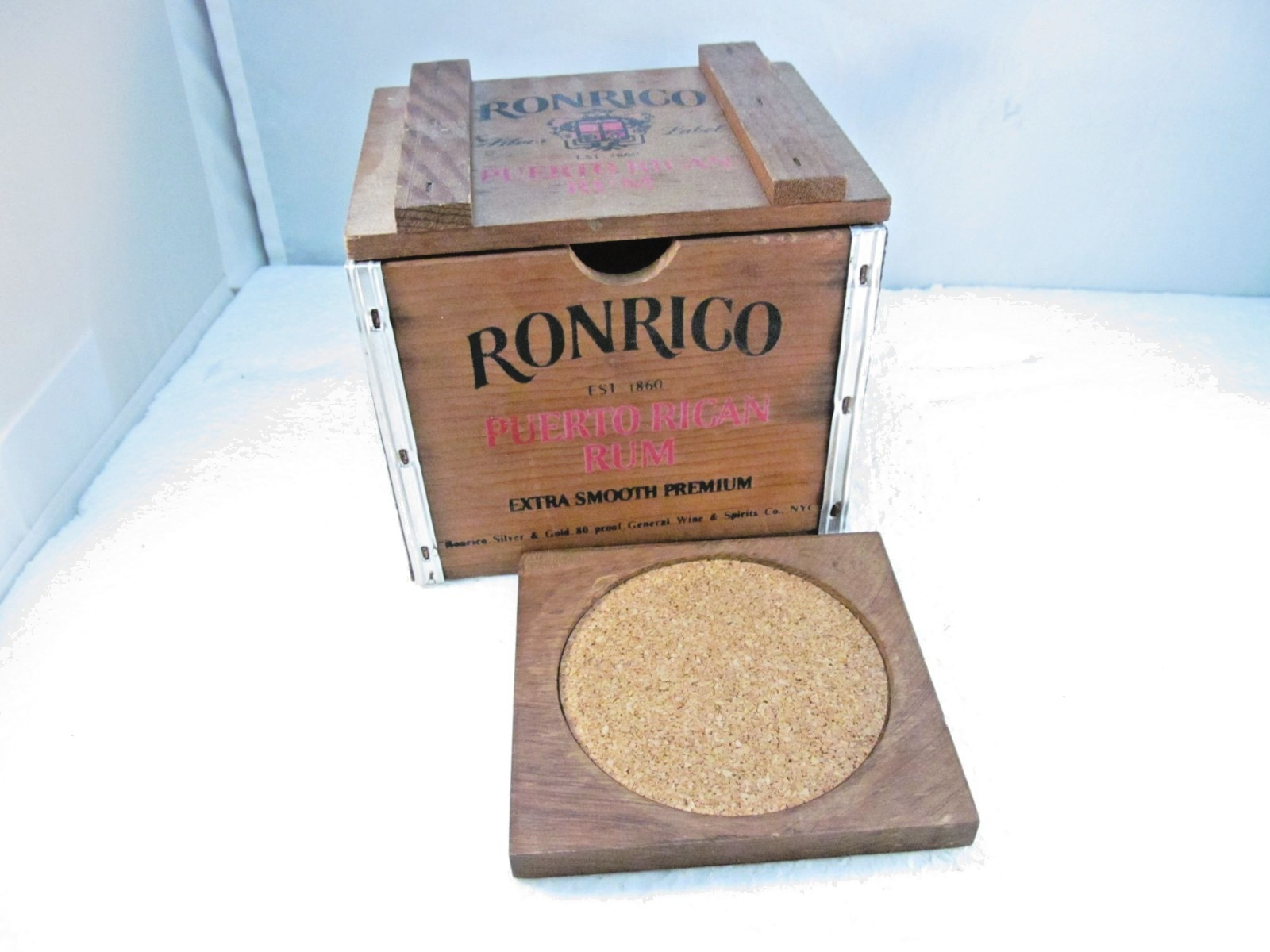 Vintage Ronrico Puerto Rican Rum Wooden Box with 8 Cork & Wood Coaster ...
