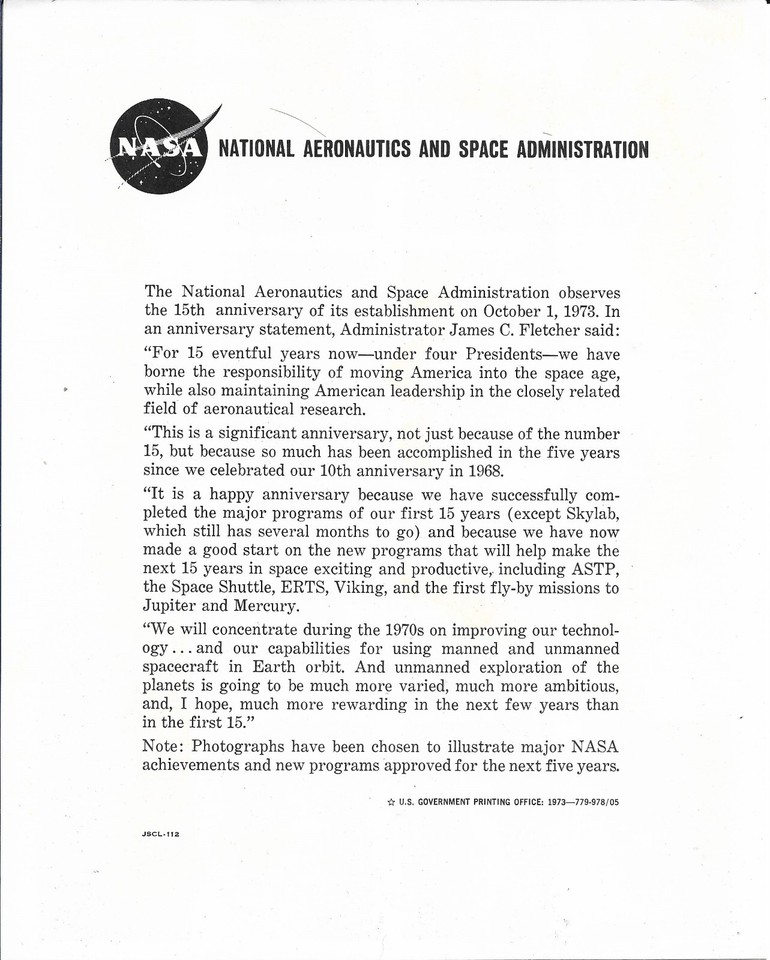 NASA 15th Anniversary Photo 1973 Educational With Information On Back ...
