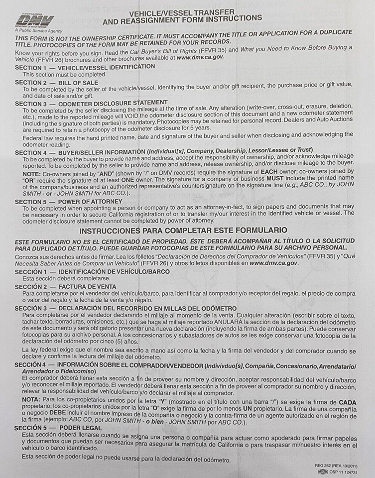 100% Original DMV REG 262 Form Pack Of 55 Vehicle Transfer and ...