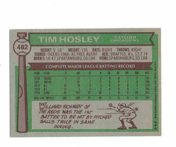 Tim Hosley Chicago Cubs Catcher #482 Topps 1976 #Baseball Card | eBay