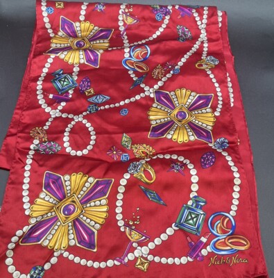 Nick & Nora Scarf 100% Silk Jewelry Print Bling Red Background Oblong ...