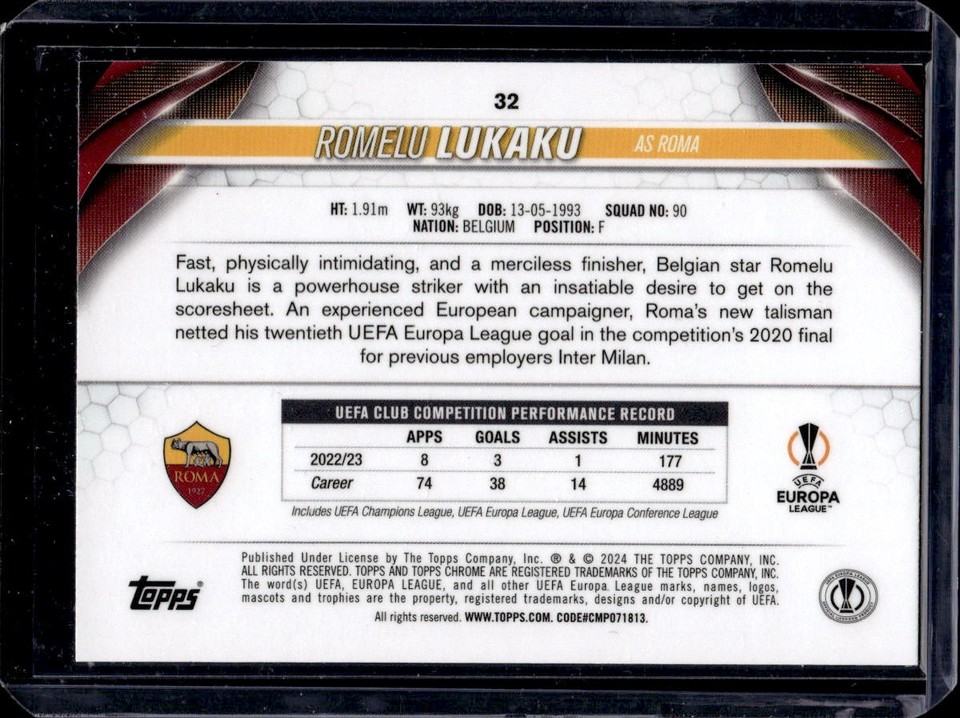 Romelo Lukako 2023-24 Topps Chrome UEFA #32 Violet Speckle /299 | eBay