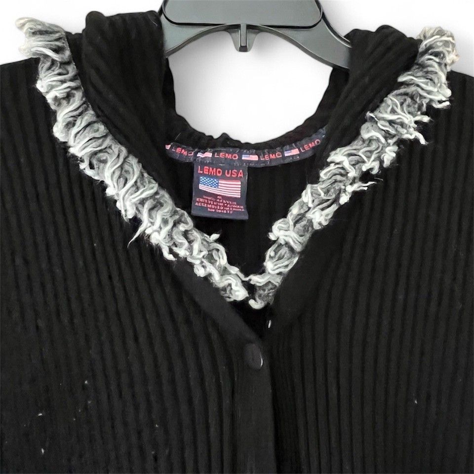 Vintage Lemo USA Black Long Cardigan with Ruffle Collar | eBay