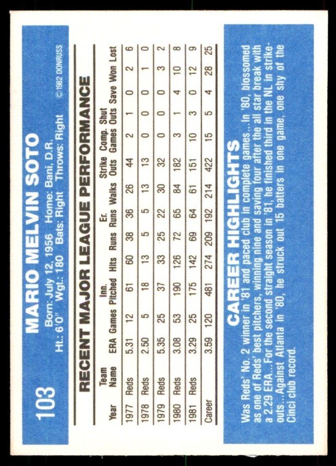 1982 Donruss Baseball Card Mario Soto Cincinnati Reds #103 | eBay