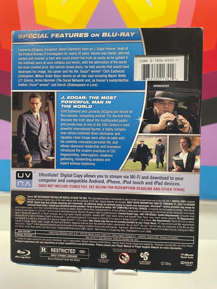 J. Edgar Blu-ray + DVD + digital NEW w/slipcover Leonardo Dicaprio ...
