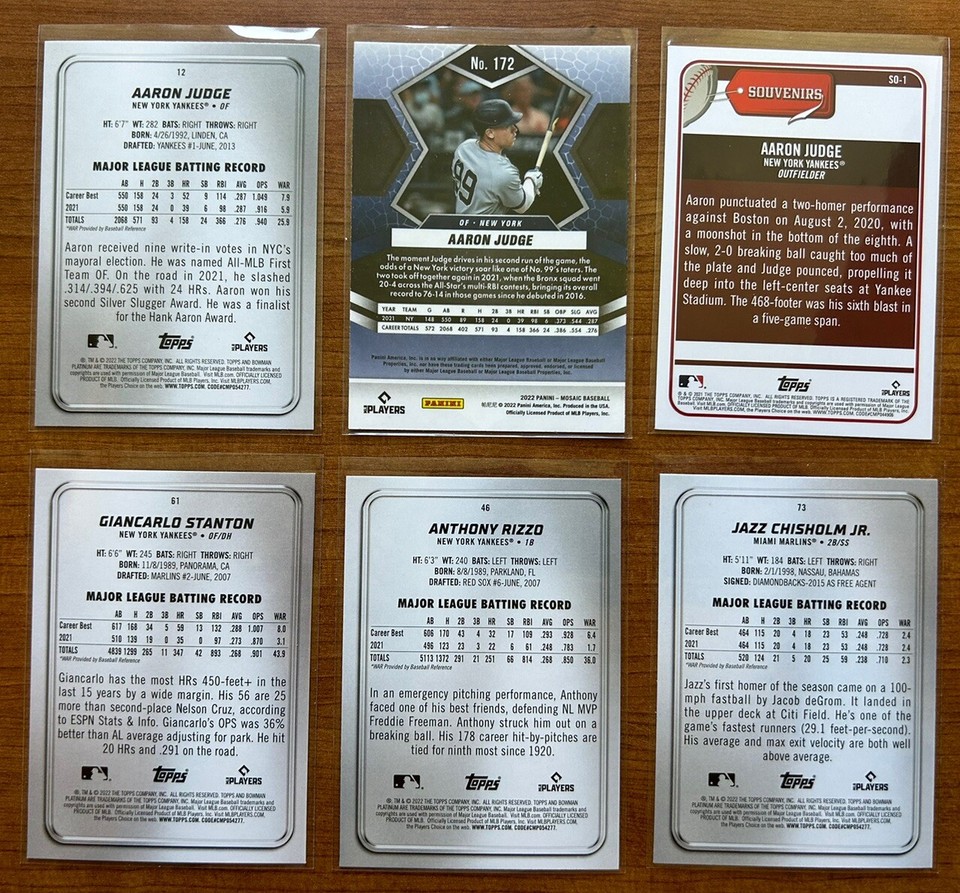 Aaron Judge Giancarlo Stanton Chisholm, Rizzo New York Yankees 6 Card ...